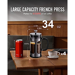 BAYKA 34 Ounce 1 Liter French Press Coffee Maker, Heat Resistant Thickened Borosilicate Glass Stainless Steel Coffee Press, Cold Brew Coffee Pot Tea Press for Kitchen Travel Camping, Dark Pewter