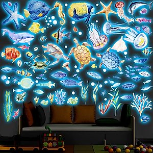 116 Pieces Glow in The Dark Under Ocean Wall Decals Sea Life Animals Wall Stickers Kids Wall Decals Removable Waterproof Peel and Stick for Boys Kids Bathroom