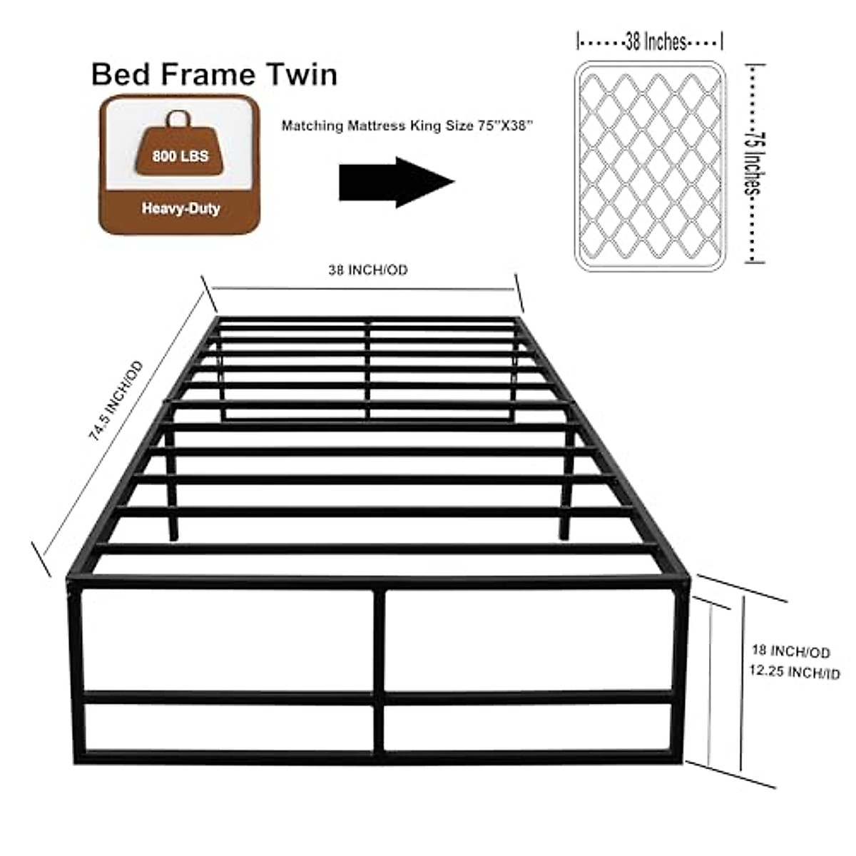 HOMWAYART Cheap Base De Camas Twin Size,Black Metal Heavy Duty Kids Twin Platform Bed Frame,Double Mattress Frame,Tall Spaces Storage,No Box Spring Required.