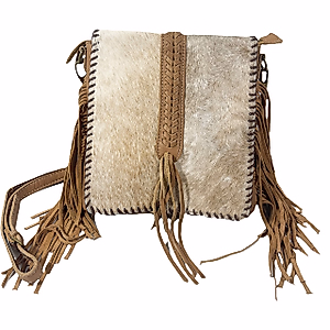 Urbalabs Western Cowhair Concealed Carry Womens Crossbody Fringe Purse Genuine Leather Handmade Stitched Handbag (Light Brown)