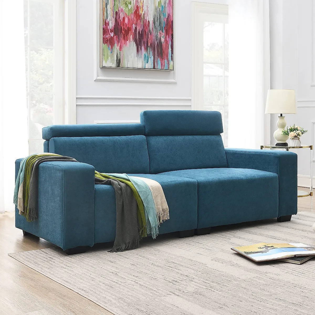 FIQHOME 2-Seater Sectional Sofa Couch with Multi-Angle Adjustable Headrest, Spacious and Comfortable Velvet Loveseat for Living Room,Studios, Salon(Blue)