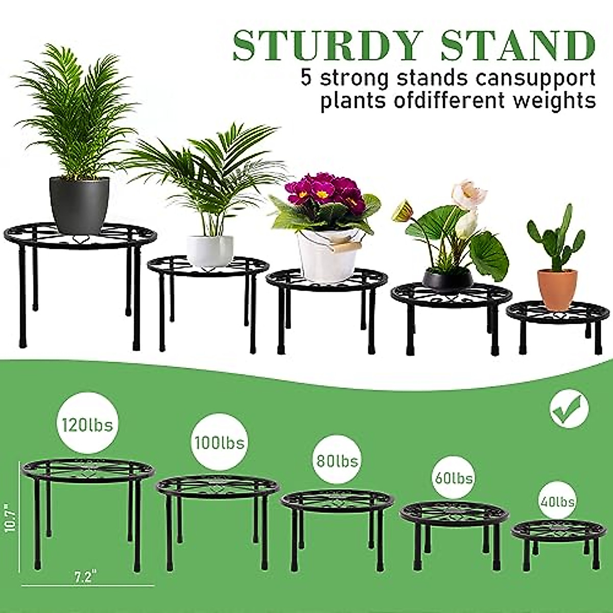 Kataslly 5 Pack Metal Plant Stand for Outdoor Indoor Plant Stand Heavy Duty Flower Pot Stands for Multiple Plant, Rustproof Iron Round Shelf for Planter, Potted Plant Holder for Patio & Garden Decor