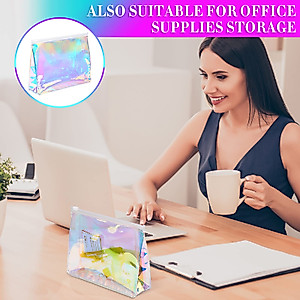 Dunzy 10 Pcs Holographic Iridescent Makeup Bag Portable Waterproof Cosmetic Makeup Pouch Cute Zippered Toiletry Bag Clear Cosmetic Bags for Travel Women Girls