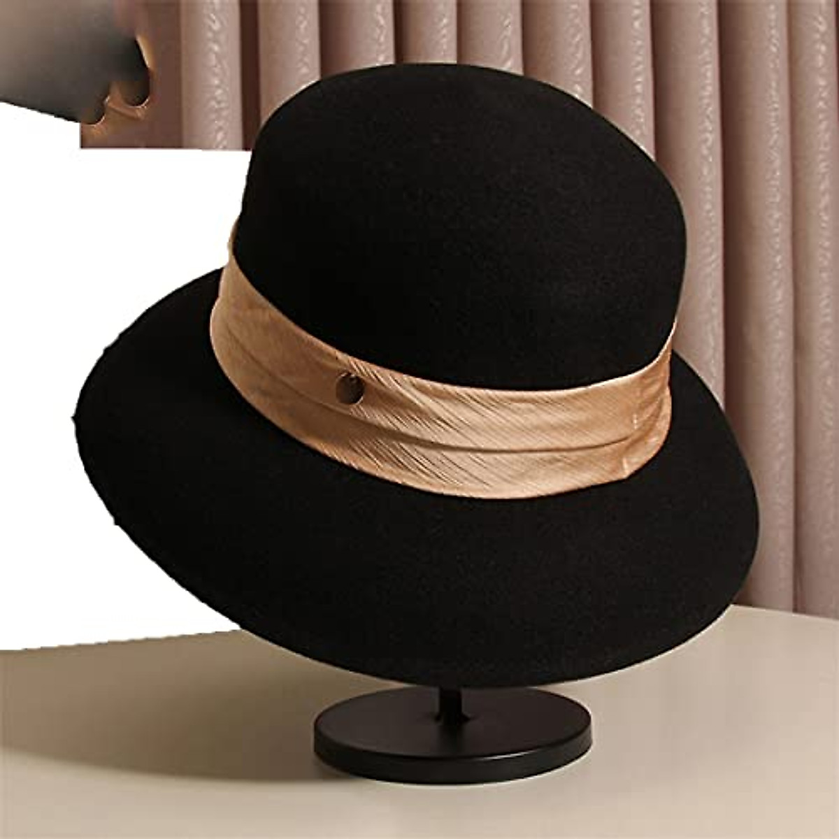 Wool Bucket Hats for Women French Vintage Lampshade Cap Ladies Autumn Winter Wide Brim Soft Fedoras Black