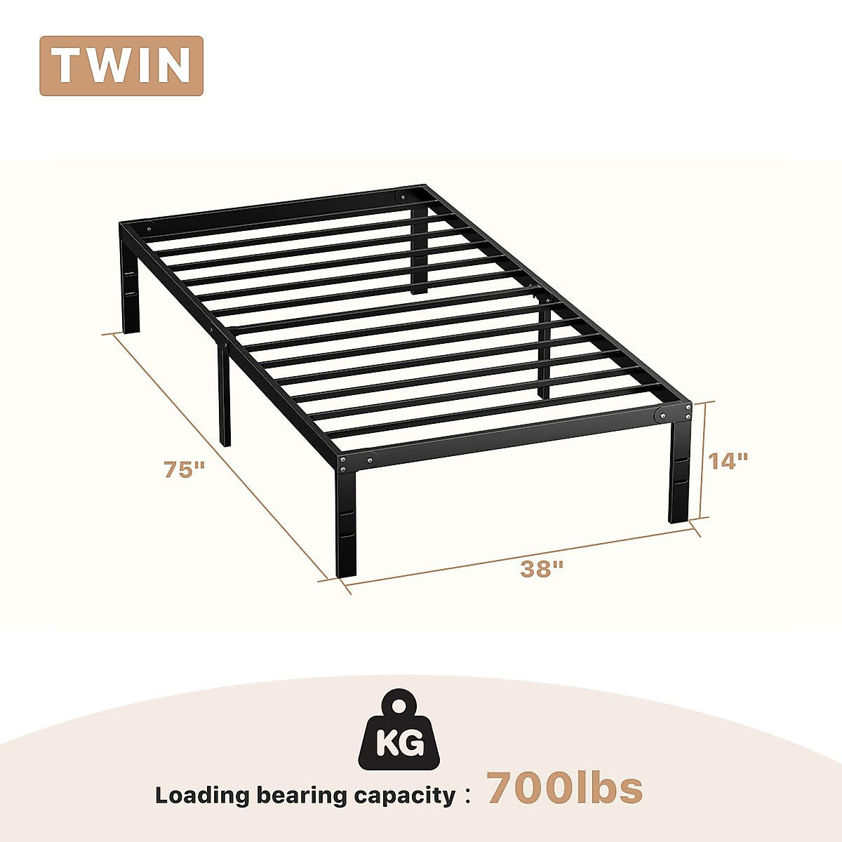 DUMOS Bed Frame - Twin Size Metal Platform Bed Frame Mattress Foundation with Steel Slat Support, No Box Spring Needed, Storage Space Under Frame, Easy Assembly, Black