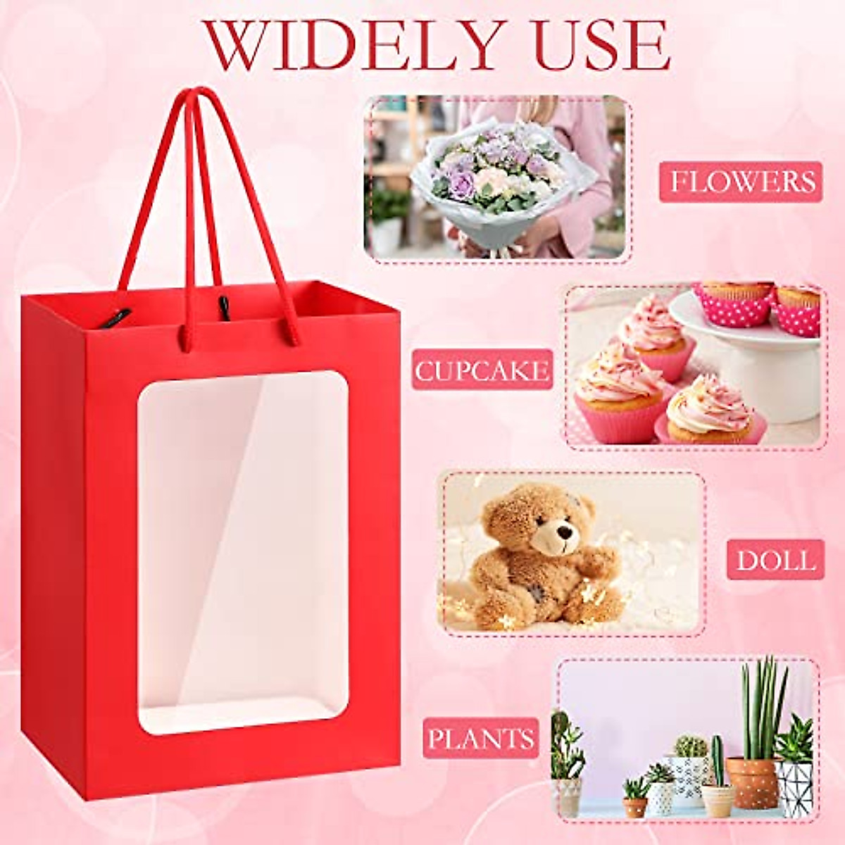 50 Pcs Paper Gift Bags with Transparent Window Clear Gift Bags Empty Gift Basket Flower Bag with Handles for Wedding Bridal Shower Thanksgiving Present Festival Party (Red, 10 x 7.1 x 5.1 Inch)