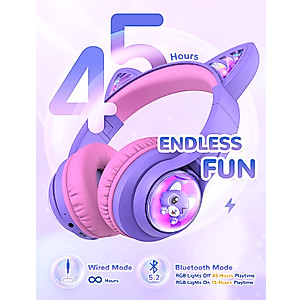 iClever Kids Bluetooth Headphones, Cat Ear Wireless Headphones LED Lights Up, 74/85/94dBA Volume Limited, 45H Playtime, Kids Headphones with Portable Bag for Travel iPad Tablets, Meow Jelly-Purple