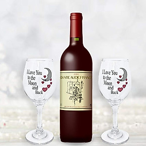 BANBERRY DESIGNS - Set of 2 Wine Glasses - I Love You to the Moon and Back Design with Red Hearts - 14 oz