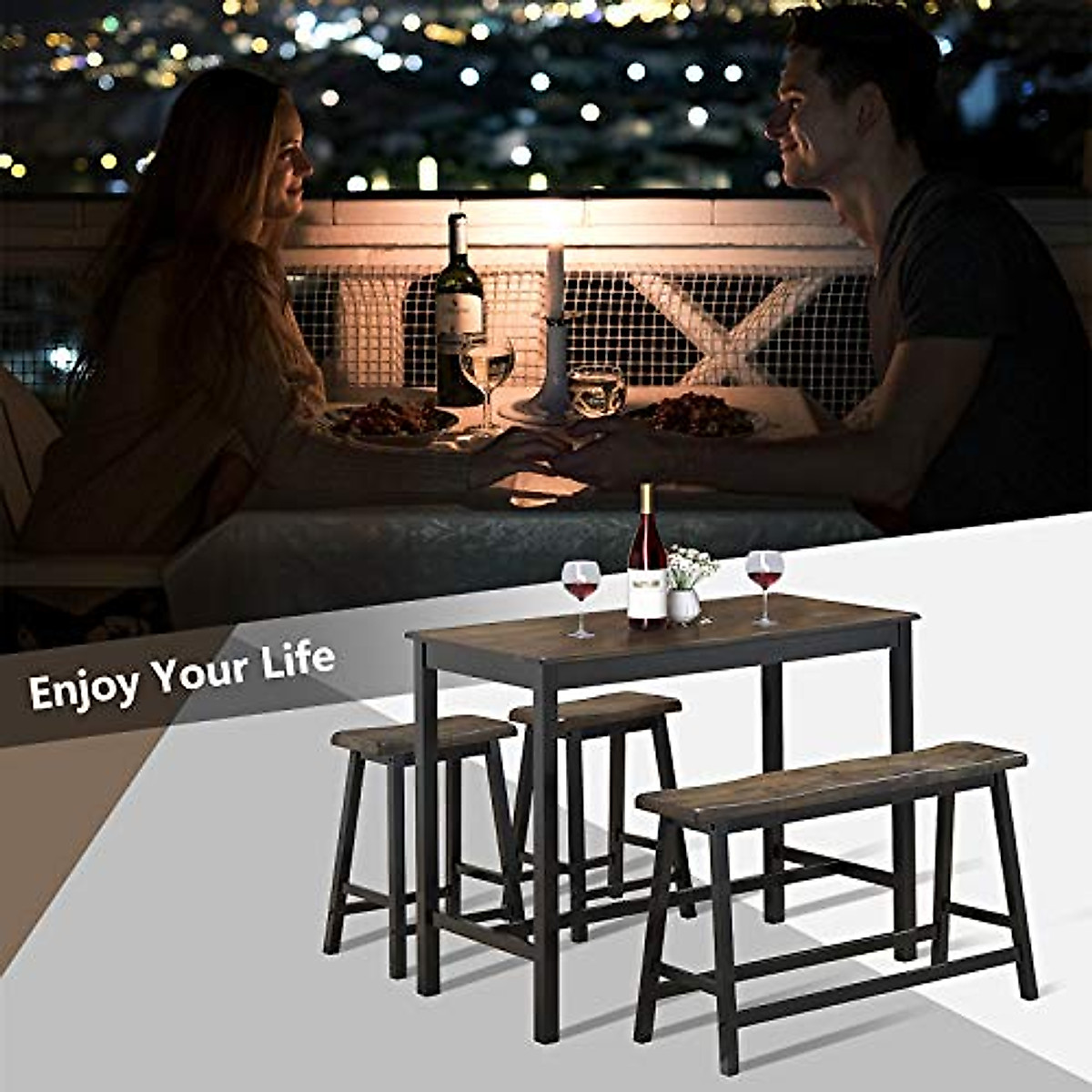 COSTWAY 4-Piece Solid Wood Dining Table Set, Counter Height Dining Furniture with One Bench and Two Saddle Stools, Industrial Style, Ideal for Home, Kitchen, Living Room (Gray & Brown)