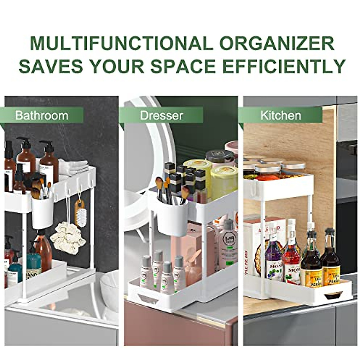 Under Sink Organizers And Storage Liftable Sink Shelf, ONADAK 2 Tier Sliding Under Bathroom Cabinet Organizer Drawer with 4 Hooks & 1 Hanging Cup Under Kitchen Sink Storage Bathroom Organizer(White)