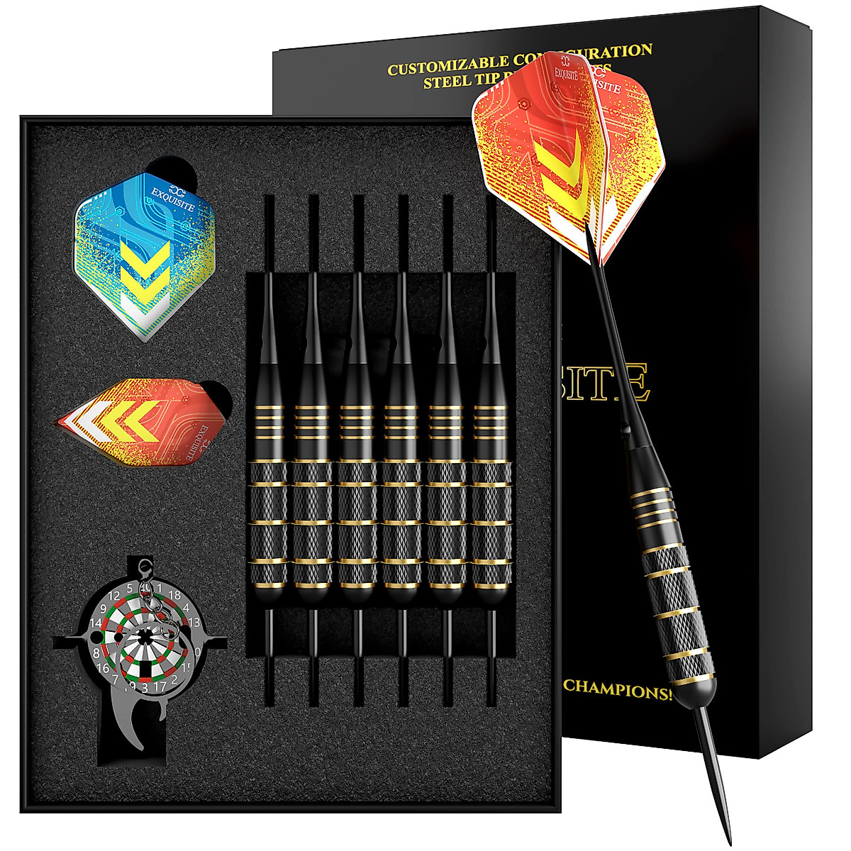 CC-Exquisite Professional Steel Tip Darts Set - 6 x 22g Brass Barrels with 12 Flights Standard/Slim, 12 Aluminum Shafts 35/48mm, 12 O-Rings, Dart Tool (‎Black - Luminary 18g/22)