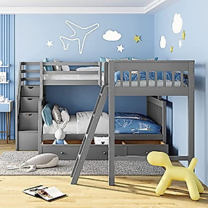 Modern L-Shaped Solid Wood Triple Bed, Twin over Full Bunk Bed with Storage Staircase and 3 Drawers, Loft Bed Frame with Ladder and Safety Guardrail for Aldults Teens Kids, Maximized Space (Grey)