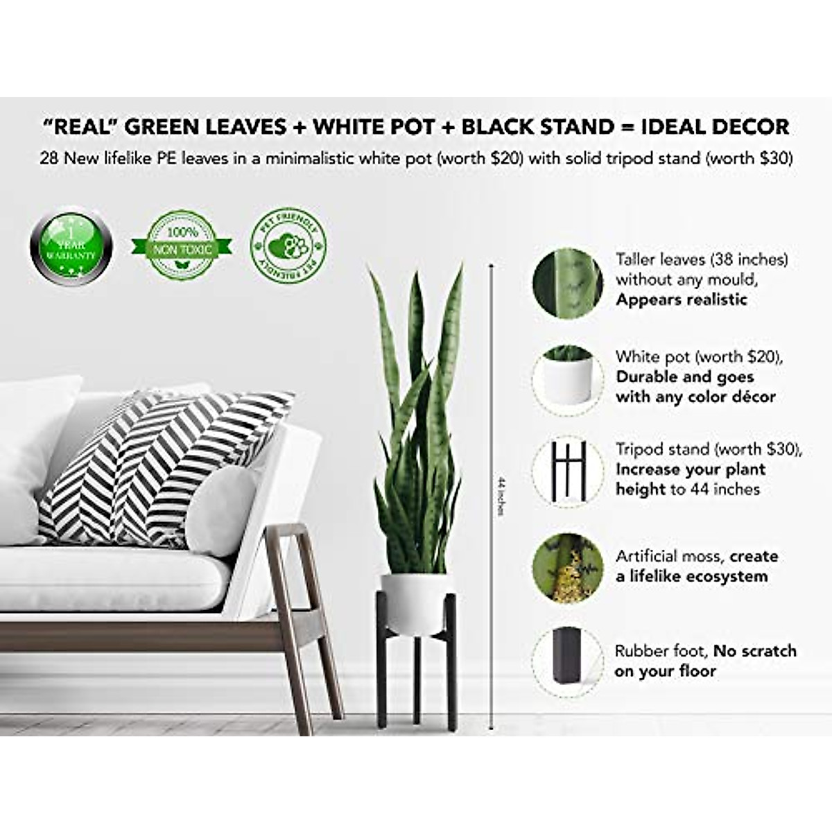 flybold Artificial Fake Snake Plants - Faux Indoor Plant - Modern Decor Artificial House Plant - Large Faux Sansevieria Plant with 28 Tall Leaves - Includes White Pot and Tripod - Green - 36in