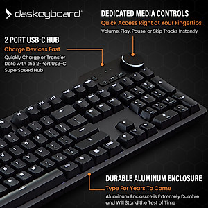 Das Keyboard 6 Professional Backlit Wired Mechanical Keyboard – Clicky Cherry MX Blue Switches, Shine-Through Keycaps, 2-Port USB C Hub, Media Controls, Durable Aluminum Enclosure, Volume Knob, NKRO