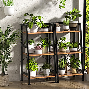 3-Tier Bookshelf, Ladder Shelf, Industrial Bookcase with Steel Frame, Metal Small Bookcase, for Living Room, Home Office, Kitchen, Bedroom, Industrial Style（Rustic Brown & Black）