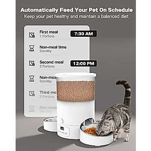 SURDY Automatic Cat Feeder for 2 Cats, 3L Cat Food Dispenser Auto Cat Feeder with 2 Stainless Bowls, 10s Meal Call Dual Power Supply and Timer Setting 12 Portions 6 Meals Per Day for Cats (White, 3L)