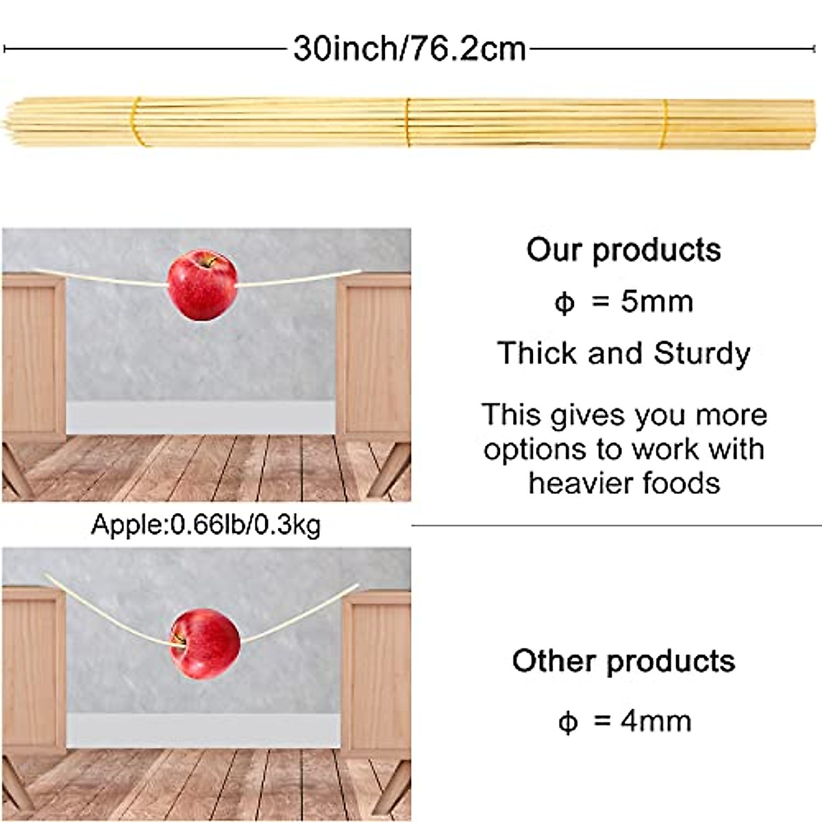BLUE TOP Bamboo Marshmallow Roasting Sticks Smore Skewers 30 Inch 5mm Thick 60 PCS Extra Long Heavy Duty,Wooden Skewer BBQ Hot Dog Skewer,Great for Camping,Parties,Weddings and Plant Stakes.