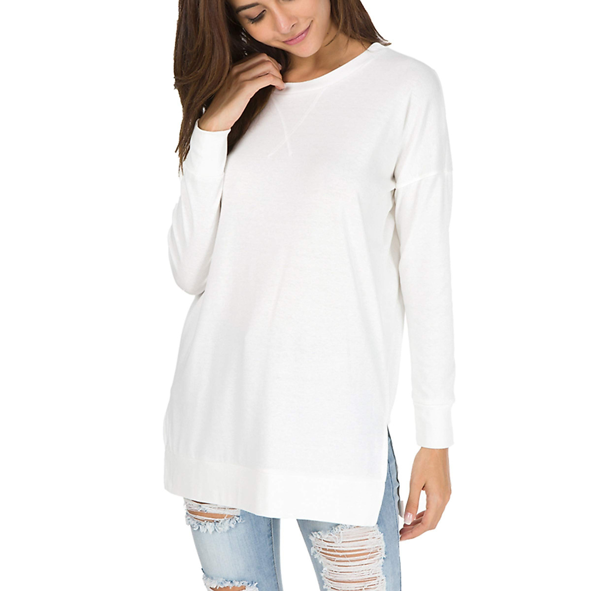 levaca Womens Fall Long Sleeve Sweatshirt Side Split Loose Casual Tunic Tops White XL