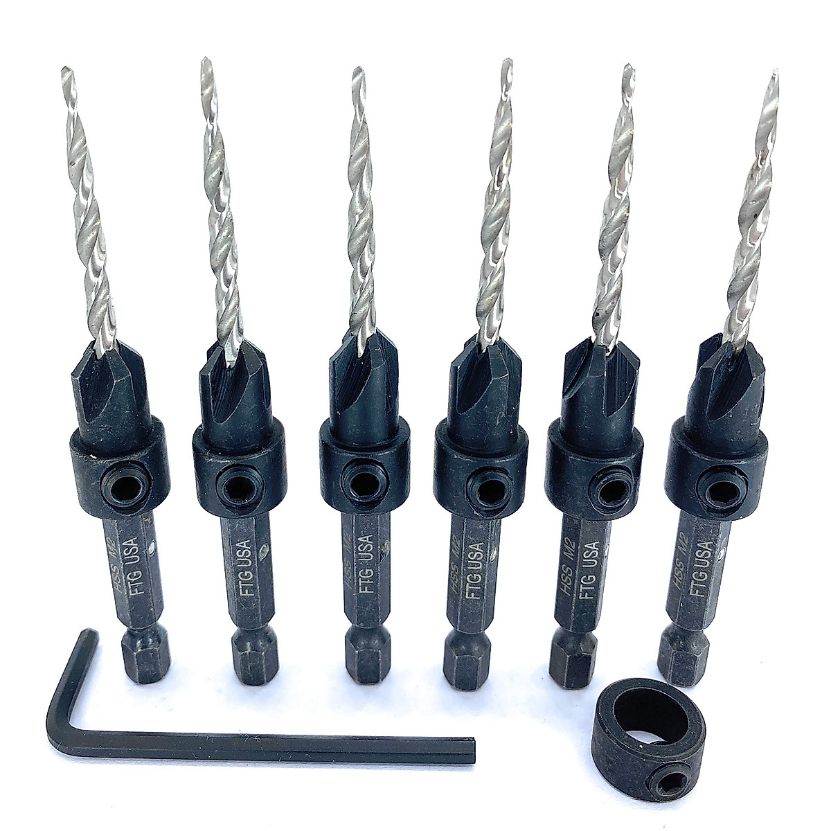 FTG USA Countersink Drill Bit Set 6 Pc #6 (9/64") with 6 Storage Containers for Wood Countersink Drill Bit Pro Pack Countersink Set, Tapered Countersink Bit, 1 Stop Collar, Hex Wrench,