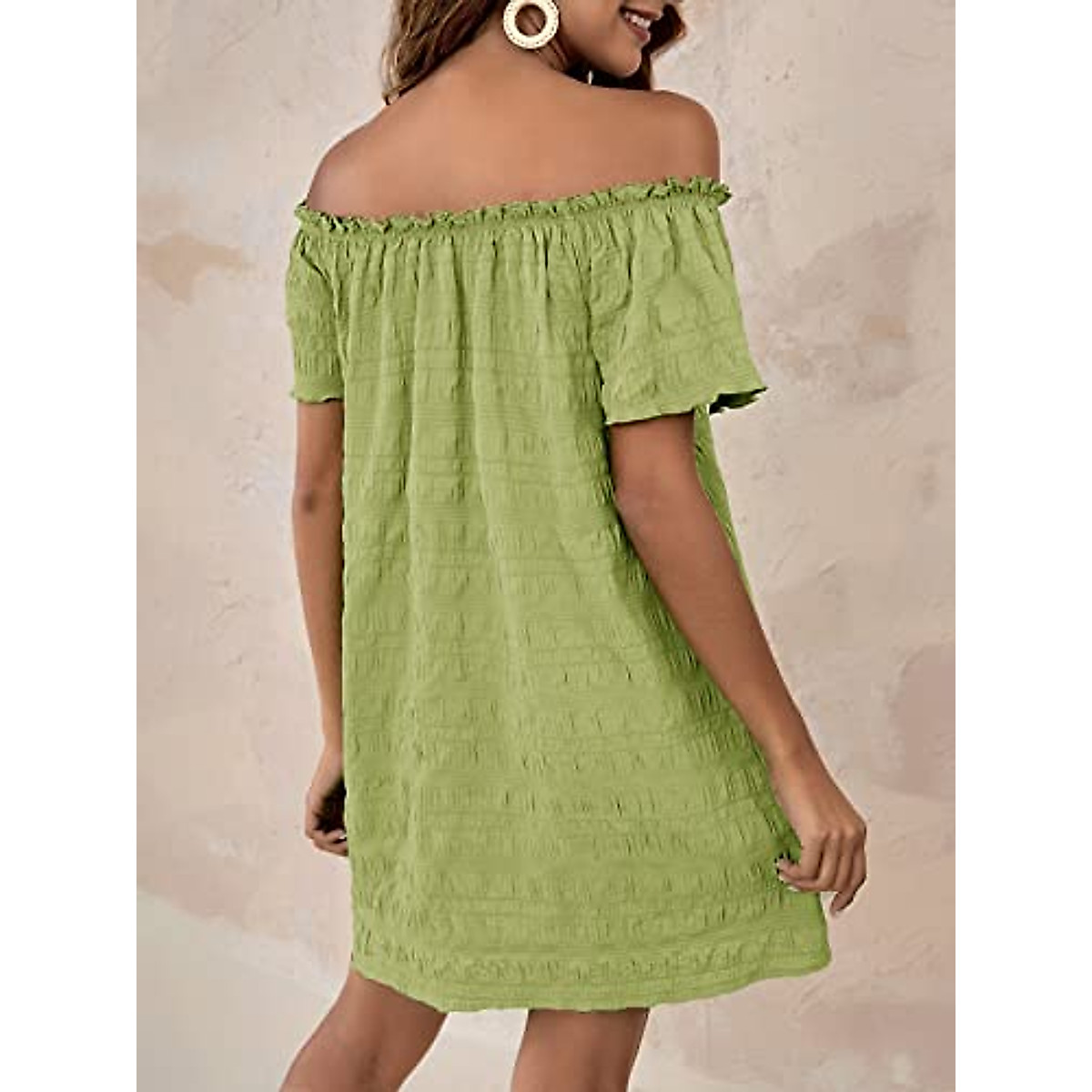 SOLY HUX Women's Sundress Off The Shoulder Short Sleeve A Line Tunic Mini Dress Solid Lime Green S