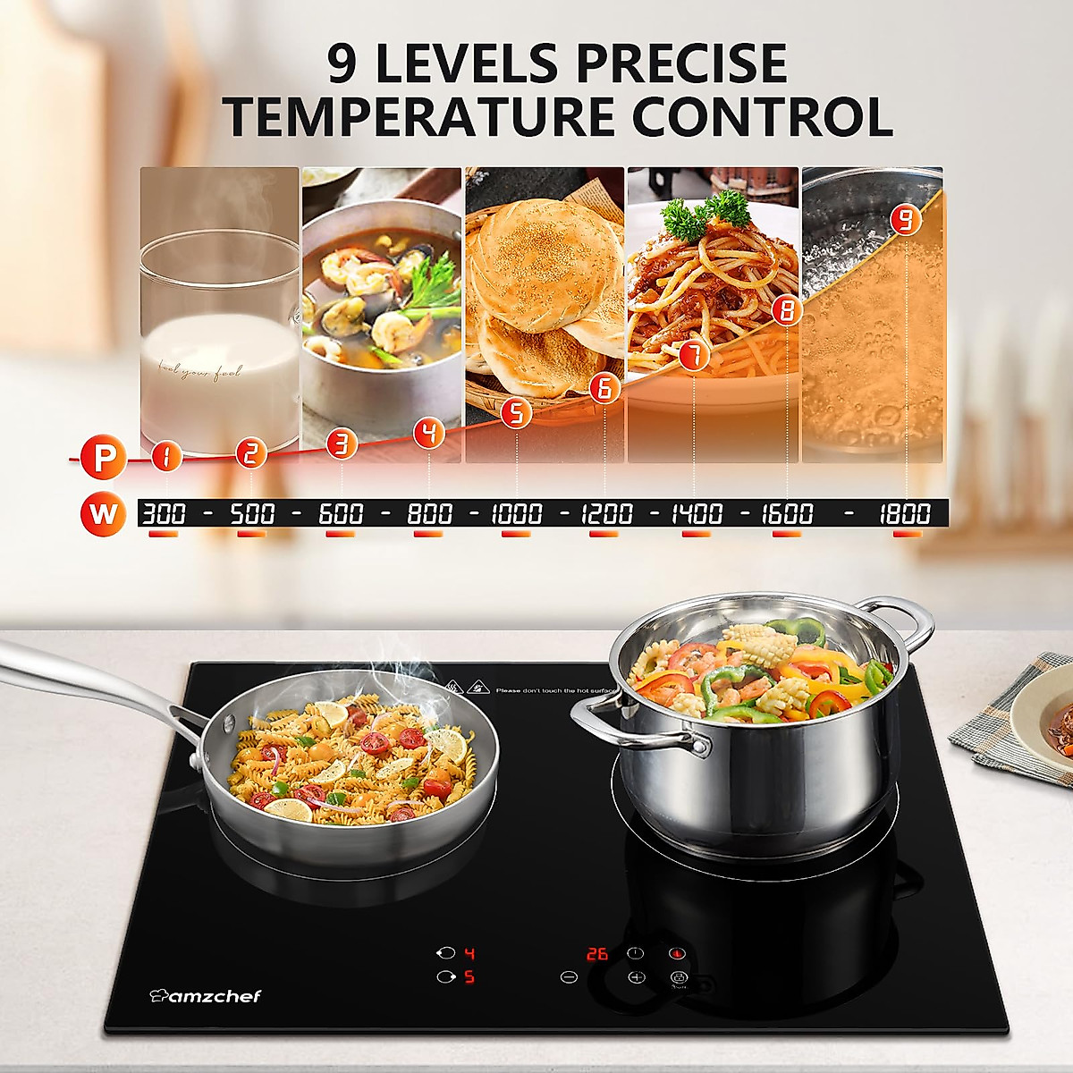Double Induction Cooktop AMZCHEF Induction Stove Top 2 Burners for RV, Built-in Electric Cooktops With 9 Power Levels, Sensor Touch, 99-min Timer, Safety Lock, Ceramic Glass, 120V, Shared 1800W