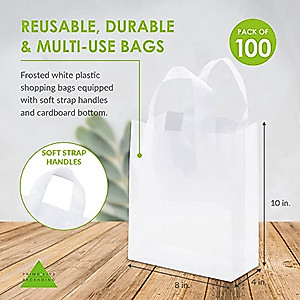 Prime Line Packaging - 8x4x10 Inch 100 Pack Plastic Bags with Handles, Small Gift Bags, Shopping Bags for Small Business, Clear Frosted White in Bulk for Boutiques, Retail Stores, Gifts & Merchandise