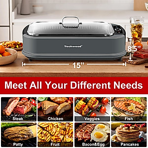 Techwood Indoor Grill Smokeless Grill, 1500W Indoor Korean BBQ Electric Tabletop Grill with Tempered Glass Lid, Removable Grill and Griddle Plates with Drip Tray
