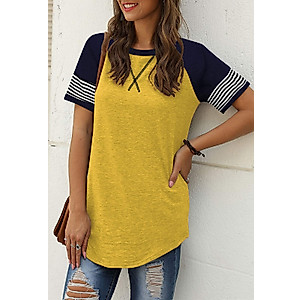 Adibosy Women Summer Casual Shirts: Short Sleeve Striped Tunic Tops - Womens Color Block Tee Tshirt Blouses Yellow L