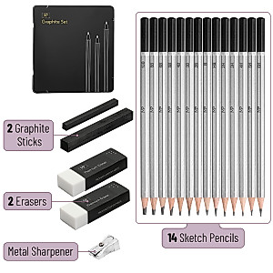 Mr. Pen- Sketch Pencils for Drawing, 19 pcs, Drawing Pencils for Sketching with Graphite Sticks, Erasers and Sharpener, Sketching Pencils, Art Pencils for Sketching, Graphite Pencils,Christmas Gift