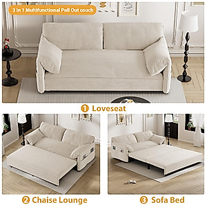 ONEMMLION 63.8" Queen Pull Out Couch Sofa Bed, 3 in 1 Convertible Sleeper Sofa with Side Storage, Velvet Loveseat Futon Comfy Cloud Couches for Living Room, Apartment, Small Space, Beige