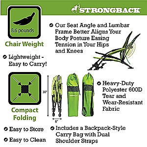 STRONGBACK Beach Chairs - Low Gravity Recliner 2.0 Portable Beach Chair - with Built-in Lumbar Support, Heavy Duty Folding Beach Chairs, Great for Travel, Lime Green/Gen 2