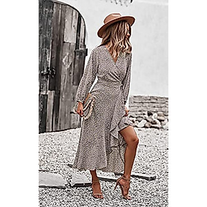 PRETTYGARDEN Women's Long Sleeve Vintage Flowy Dress Floral Print V-Neck Maxi Dresses with Belt (Khaki,Small)