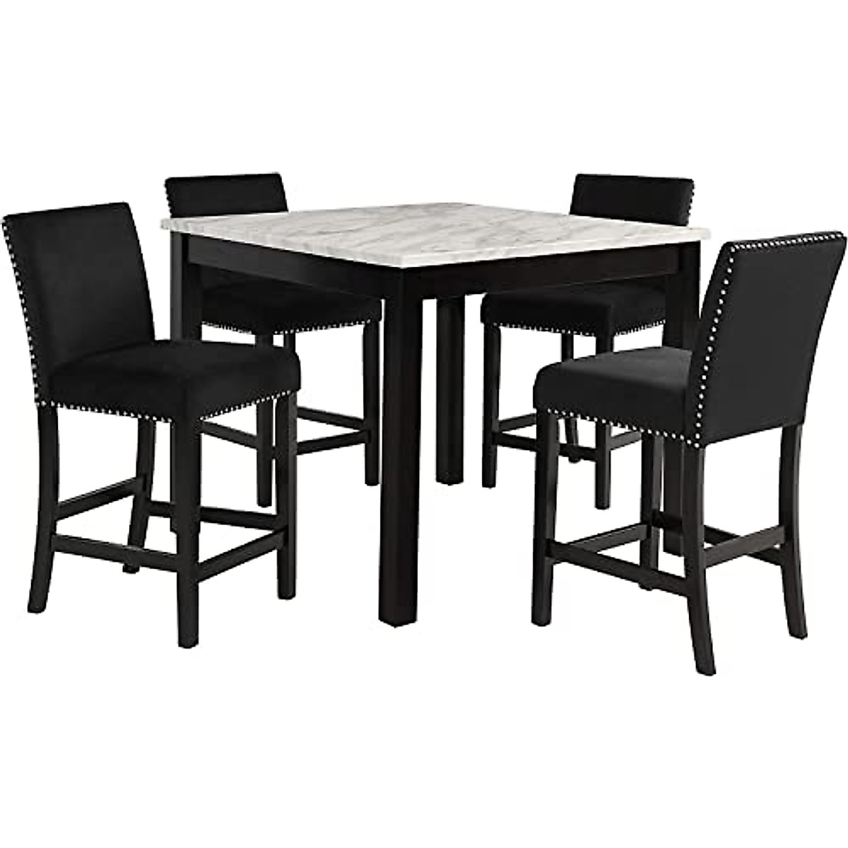 New Classic Furniture Celeste Faux Marble Counter Dining Table with Four Chairs, 5-Piece, Black