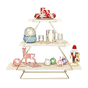 BENOLDY 3 Tier Christmas Tree Gold Stainless Steel Design Floating Shelf - Luxury Pine Wood Shelves, Modern Wall Rack for Bedroom, Living Room Decor & Multipurpose Organizer Stand