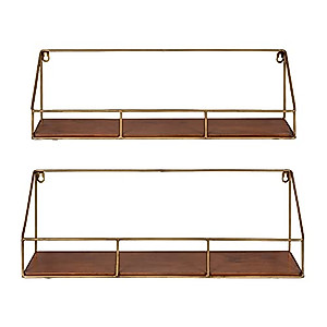 Kate and Laurel Westland 2-Pack Wood and Metal Floating Wall Shelves, Walnut Brown and Gold