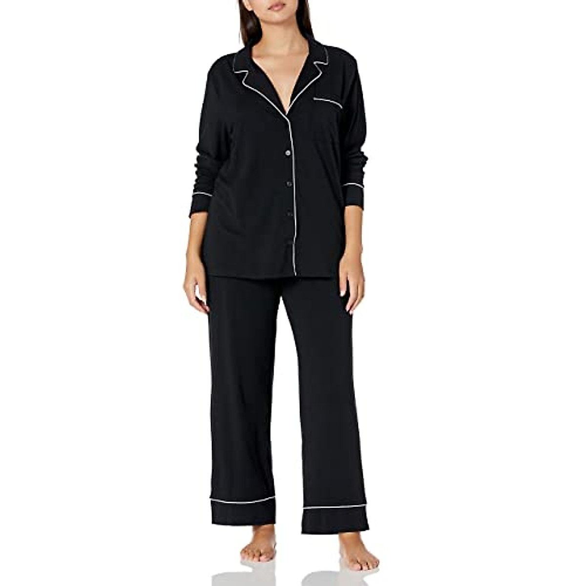 Amazon Essentials Women's Cotton Modal Long-Sleeve Shirt and Full-Length Bottom Pajama Set, Black, Large
