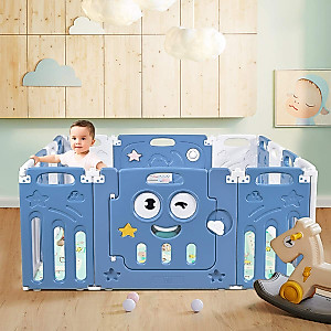 HONEY JOY Baby Play Yards, 14 Panel Foldable Baby Playpen, Anti-Slip Base & Lockable Safety Gate, Indoor Large Baby Fence Play Area for Babies and Toddlers (Blue, 14 Panel)