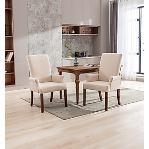 Restworld Dining Room Chairs with Arms,Tufted Upholstered High Back Nailed Trim with Untique Oak Wood Legs for Kitchen Restaurant Room Bedroom (Ivory, SingleA)