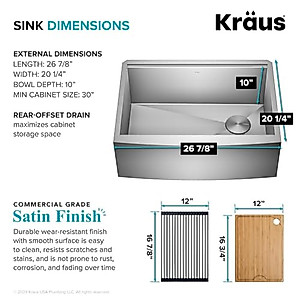 KRAUS Kore 27-Inch Farmhouse Workstation 16 Gauge Single Bowl Stainless Steel Kitchen Sink with Accessories, KWF210-27
