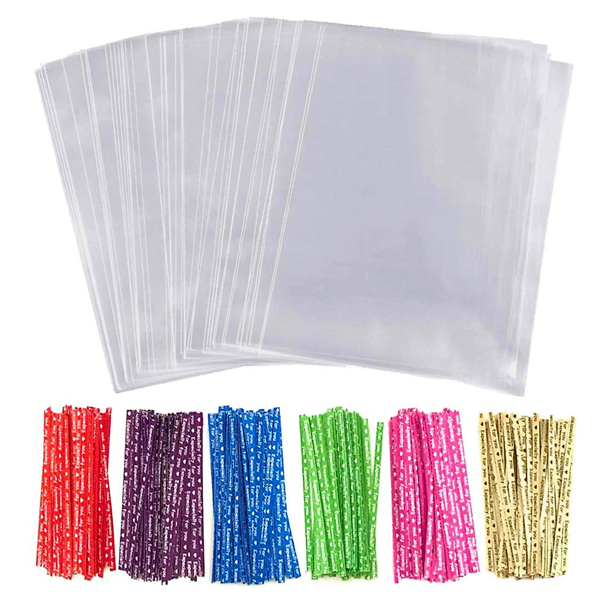 Cellophane Treat Bags 100 Pcs Clear Cello Candy Cookie Lollipop Bakery Dessert Cello Flat Goodie Bag with 100 Twist Ties Resealable 3" x 4"