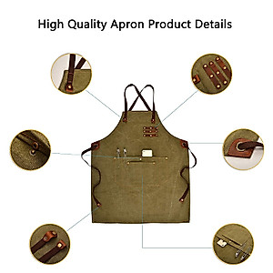 urhgart Waxed Canvas Work Aprons for Men & Women, Shop Apron, Heavy Duty Woodworking, Barista, Barber, Chef, Bartender, Metal Working, with Pockets (Green 1 Piece)