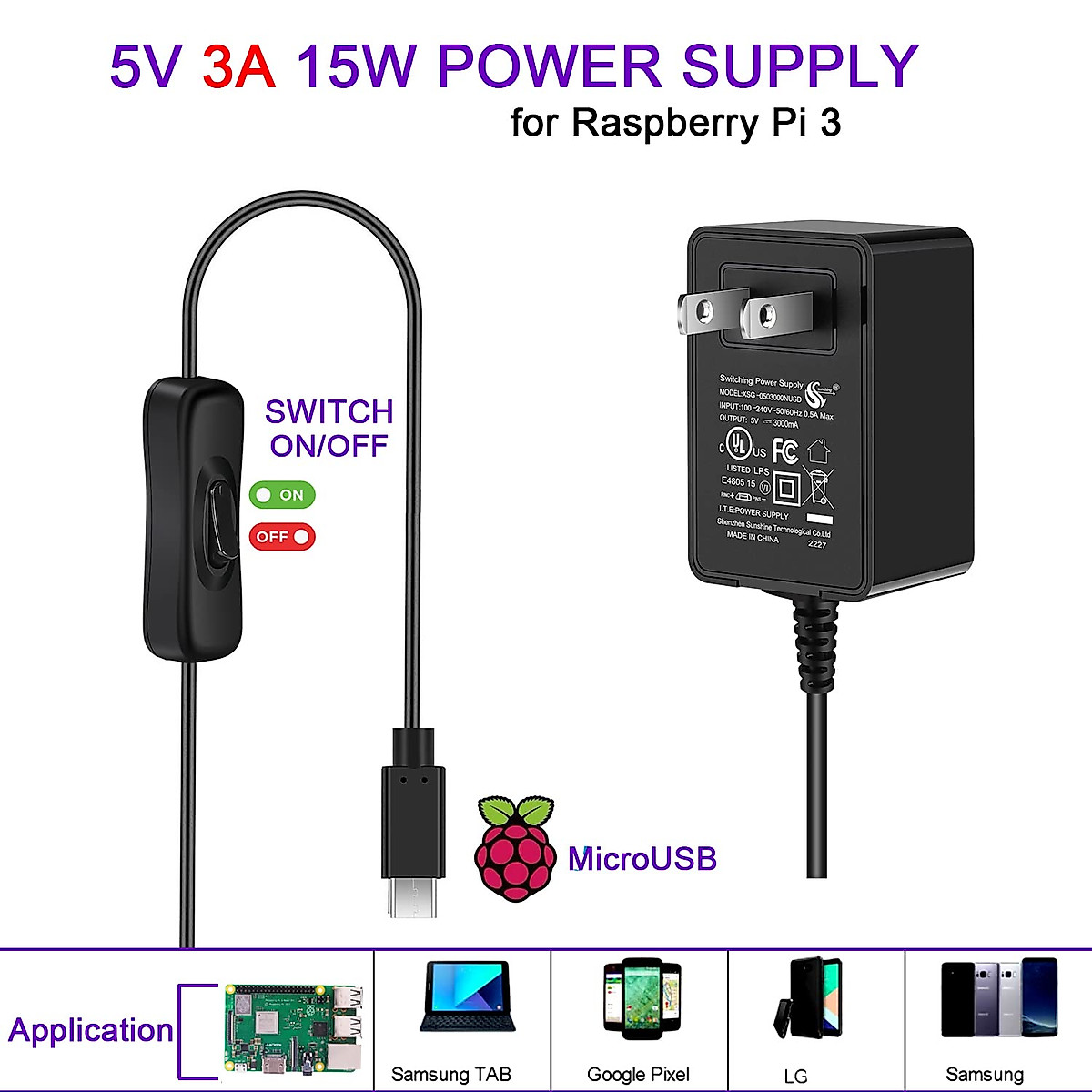 [5V 3A 15W] Raspberry Pi 3 Case, iUniker Pi 3 b+ Case, Raspberry Pi 3 Power Supply with Switch Raspberry Pi Power Supply (UL Listed)