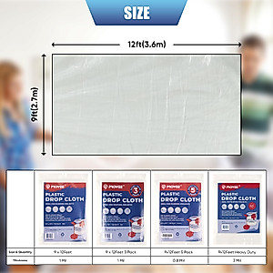 PROWEE 1mil Clear Plastic Drop Cloth for Painting 9-Feet x 12-Feet Painters Plastic Drop Cloth，Waterproof & Dustproof Polyethylene