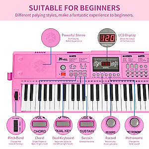 24HOCL 61 Key Premium Electric Keyboard Piano for Beginners with Stand, Built-in Dual Speakers, Microphone, Headphone, Stand & Display Panel (Pink)