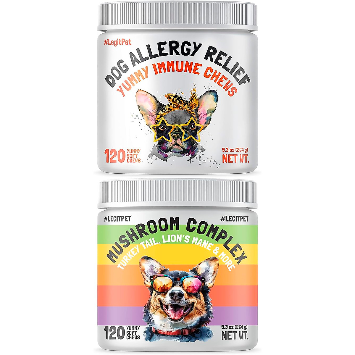 Allergy Relief Chews for Dogs & Immune & Digestive Supplement 120 Soft Treats and Mushroom Complex Treats for Dogs with Reishi Shiitake and Turkey Tail Mushrooms