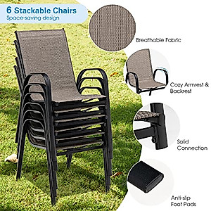 Tangkula 6 Piece Patio Stackable Chairs, Outdoor Dining Chairs with Heavy-Duty Steel Frame, Curved Armrests & Breathable Fabric, Stacking Armchairs for Backyard, Garden, Poolside