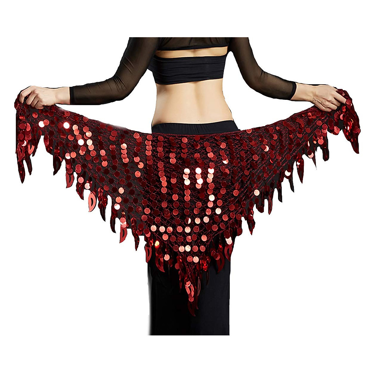 Lauthen.S Women Belly Dance Hip Scarf Sequins Mesh Triangle Wrap Skirt Waist Chain(Wine)