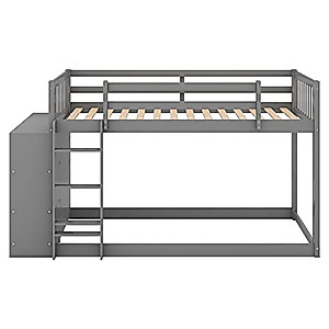 P PURLOVE Twin Over Twin Bunk Bed with Attached Cabinet and Shelves Storage, Wooden Bunk Bed Frame with Ladder and Guardrail, for Teens Girls Boys, Gray