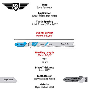25 x TopsTools T118A Metal Cutting Jigsaw Blades Compatible with Bosch, Dewalt, Makita, Milwaukee and many more