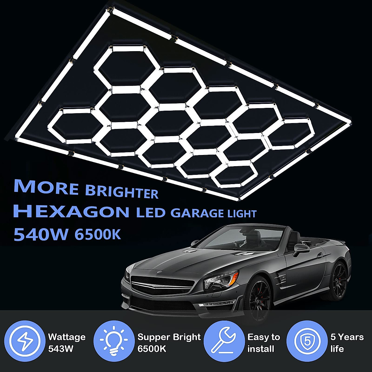 soges Hexagon Led Garage Light,14 Grid Systems Led Shop Lights for Garage/Workshop/Car Detailing Shop/Salon with White Border, 6500K,64720LM,534W, AC 100-240V 95.7(W) x 190.5 (L) Inch